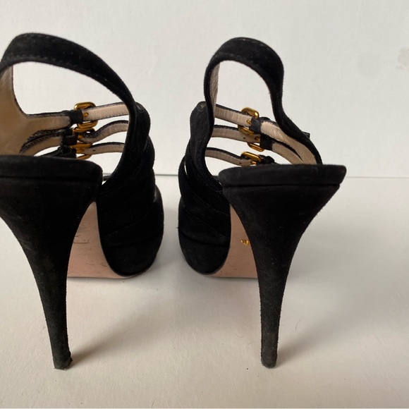 Prada | Shoes | Prada Black Suede Strappy 3 Buckle Peep Toe Platform Slingback Heels Size 65 ...